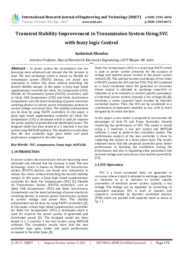 (PDF) Transient Stability Improvement in Transmission System Using SVC with fuzzy logic Control
