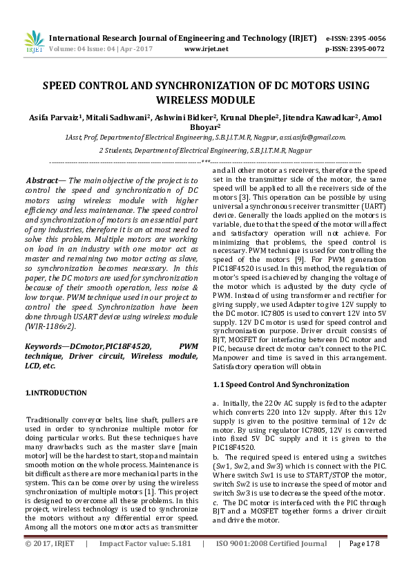 (PDF) SPEED CONTROL AND SYNCHRONIZATION OF DC MOTORS USING WIRELESS MODULE