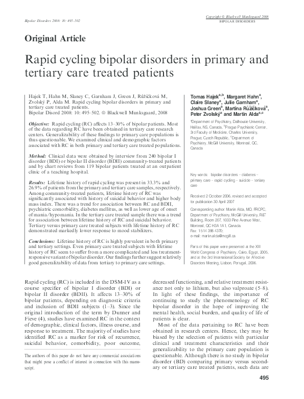 (PDF) Rapid cycling bipolar disorders in primary and tertiary care ...
