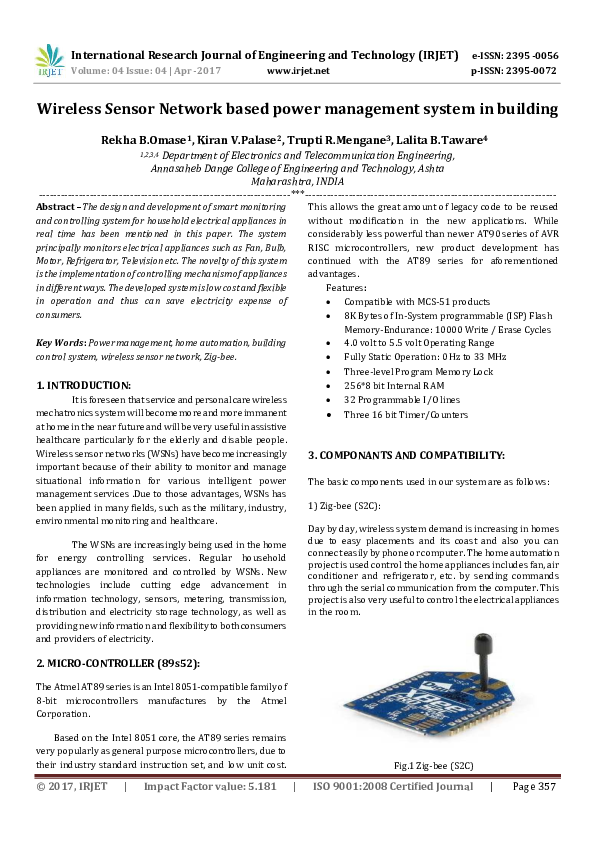 (PDF) Wireless Sensor Network based power management system in building | IRJET Journal ...