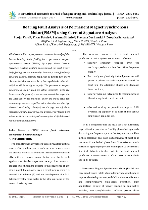 Pdf Bearing Fault Analysis Of Permanent Magnet Synchronous Motor Pmsm Using Current Signature