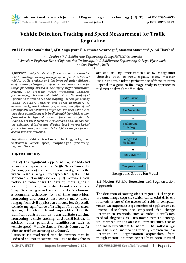 Pdf Vehicle Detection Tracking And Speed Measurement For Traffic