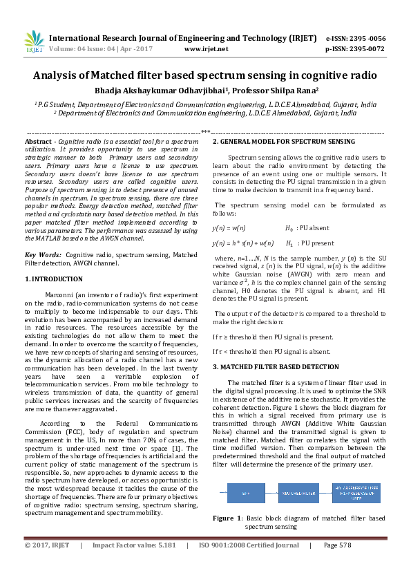 (PDF) Analysis of Matched filter based spectrum sensing in cognitive radio