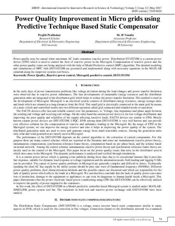 Power Quality Improvement In Micro Grids Using Predictive Technique Based Static Compensator