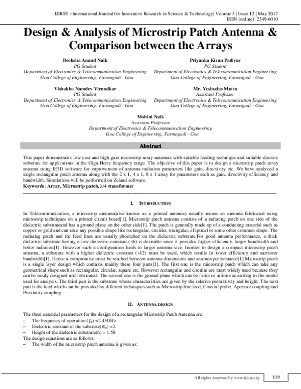 (PDF) Design & Analysis of Microstrip Patch Antenna & Comparison between the Arrays
