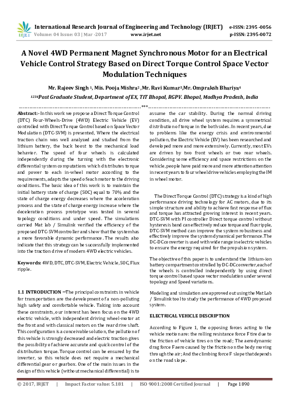 (PDF) A Novel 4WD Permanent Magnet Synchronous Motor for an Electrical Vehicle Control Strategy ...