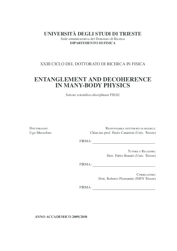 (PDF) Entanglement and Decoherence in Many-Body Physics