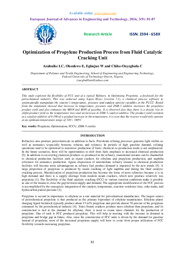 (PDF) Optimization of Propylene Production Process from Fluid Catalytic Cracking Unit