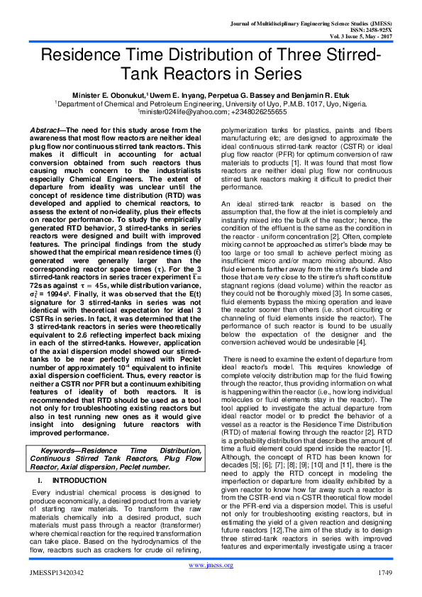 (PDF) Residence Time Distribution of Three Stirred- Tank Reactors in Series