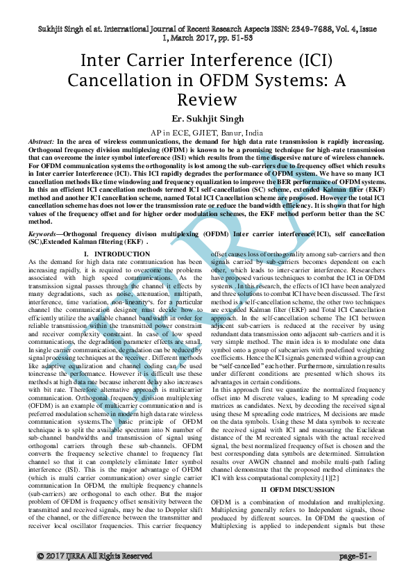 (PDF) Inter Carrier Interference (ICI) Cancellation in OFDM Systems: A Review