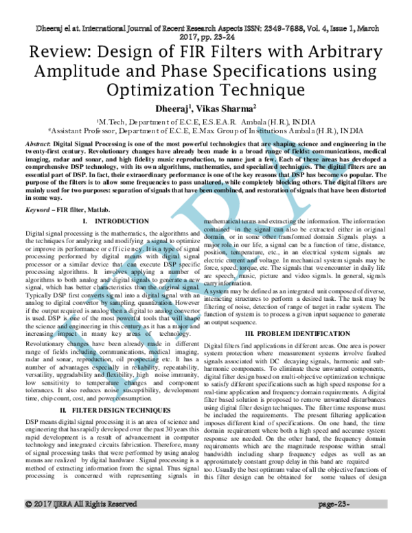 (PDF) Review: Design of FIR Filters with Arbitrary Amplitude and Phase Specifications using ...