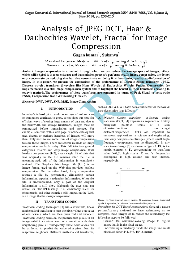 (PDF) Analysis of JPEG DCT, Haar & Daubechies Wavelet, Fractal for Image Compression