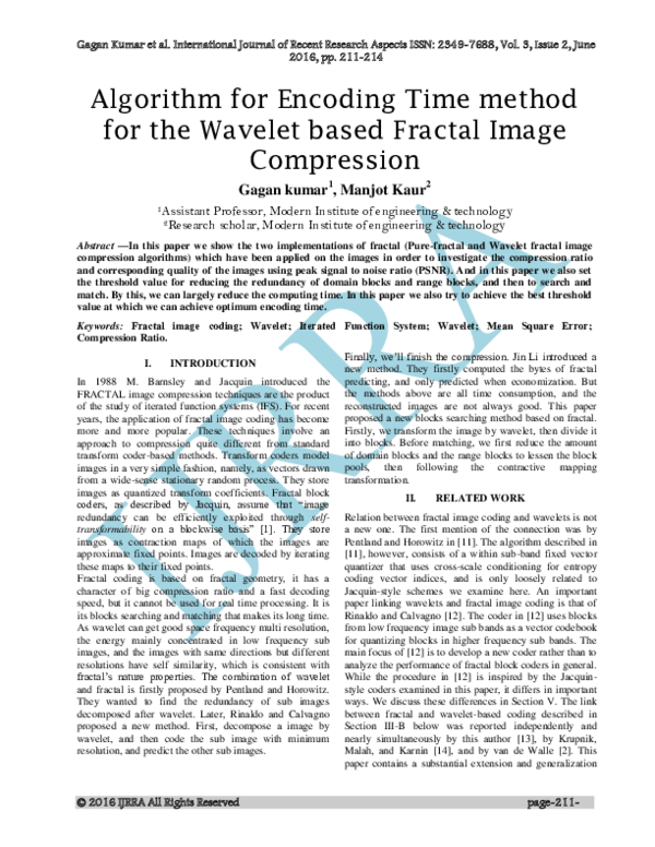 (PDF) Algorithm for Encoding Time method for the Wavelet based Fractal Image Compression