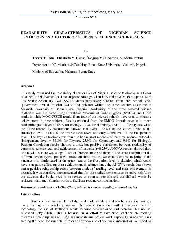 (PDF) READABILITY CHARACTERISTICS OF NIGERIAN SCIENCE TEXTBOOKS AS A ...