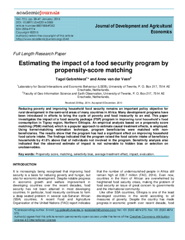 (PDF) Estimating the impact of a food security program by propensity ...