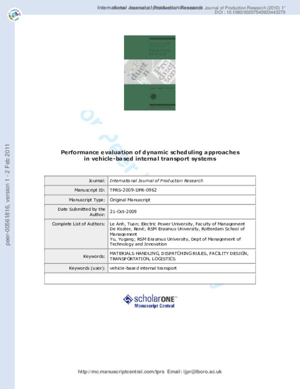 Pdf Performance Evaluation Of Dynamic Scheduling Approaches In Vehicle Based Internal