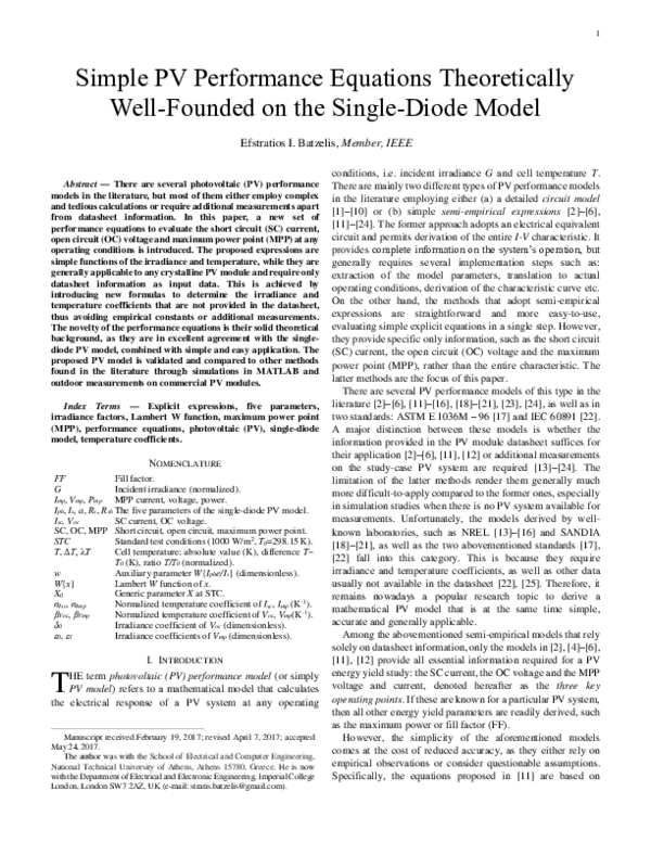 (PDF) Simple PV Performance Equations Theoretically Well-Founded on the ...