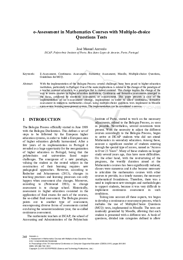 (PDF) e-Assessment in Mathematics Courses with Multiple-choice ...