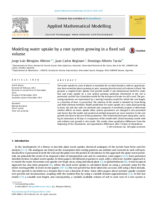 (PDF) Modeling water uptake by a root system growing in a fixed soil volume