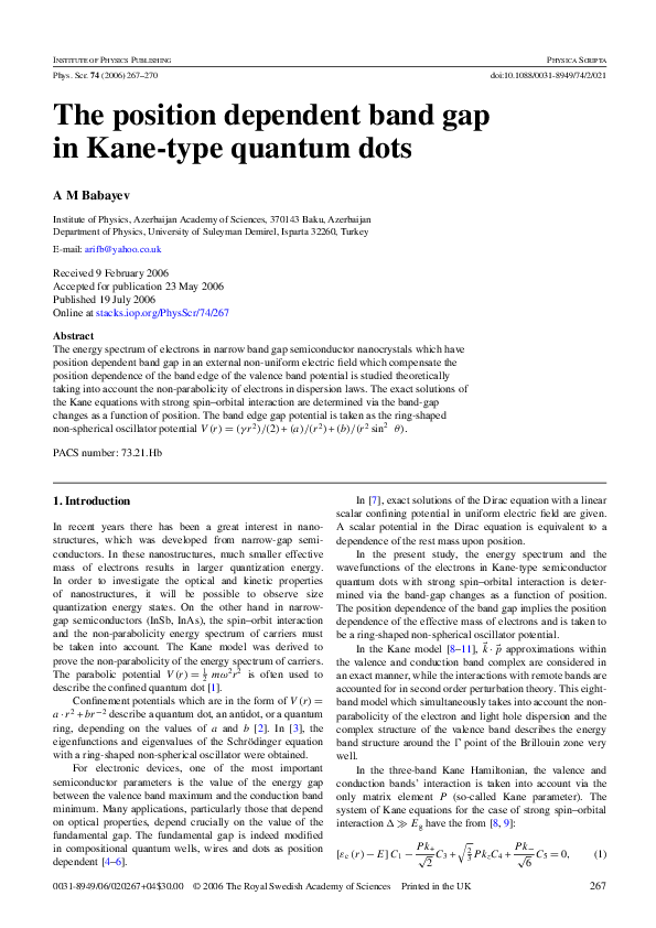 (PDF) The position dependent band gap in Kane-type quantum dots