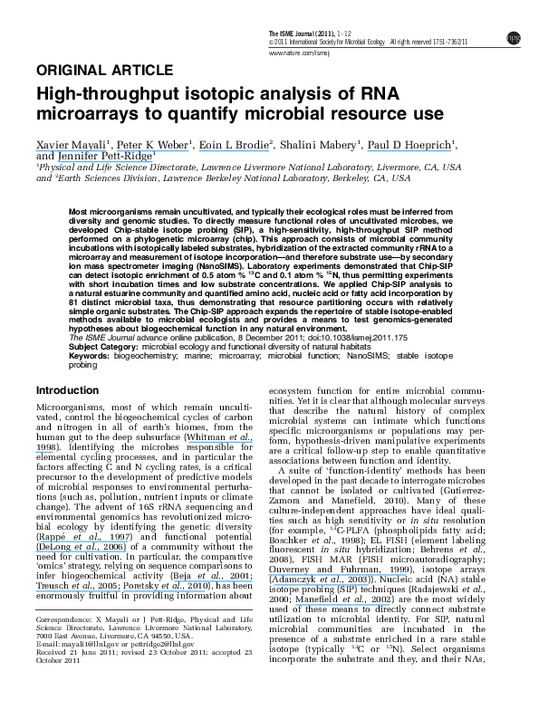 (PDF) High-throughput isotopic analysis of RNA microarrays to quantify microbial resource use