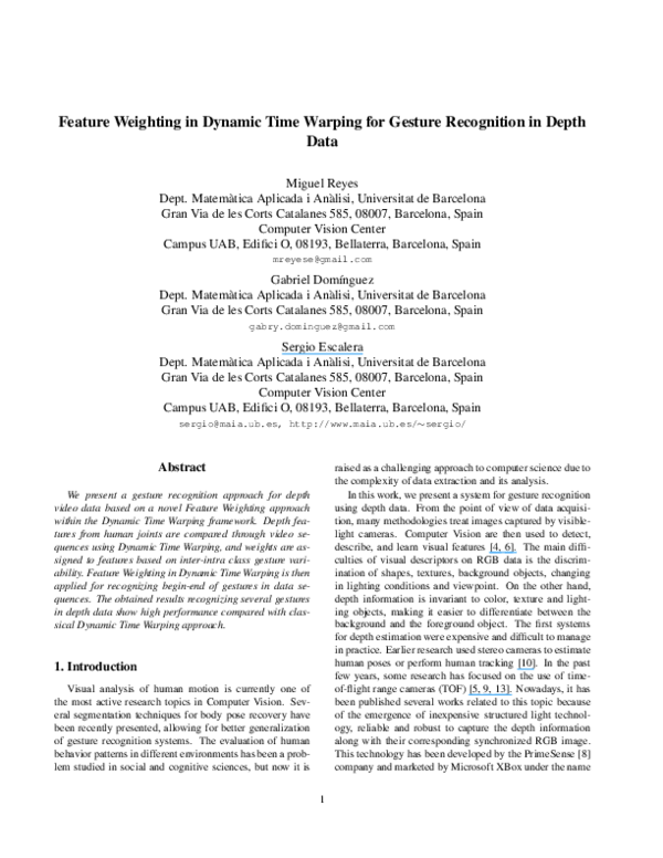 Pdf Featureweighting In Dynamic Timewarping For Gesture Recognition In Depth Data