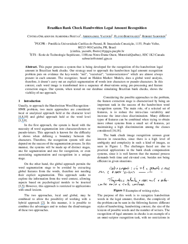 (PDF) Brazilian bank check handwritten legal amount recognition