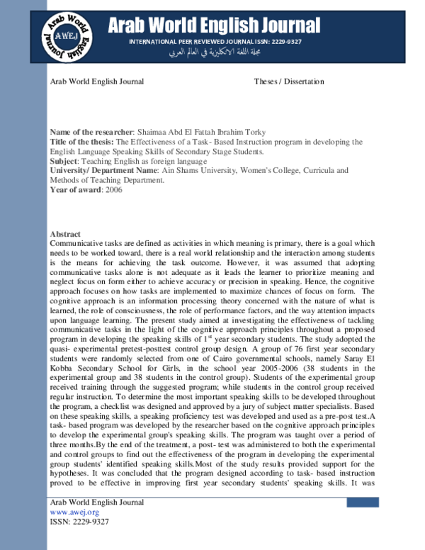 Pdf The Effectiveness Of A Task Based Instruction Program In Developing The English Language