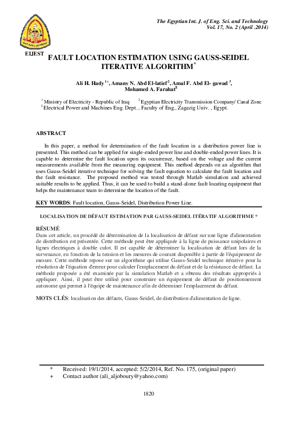 Pdf Fault Location Estimation Using Gauss Seidel Iterative Algorithm