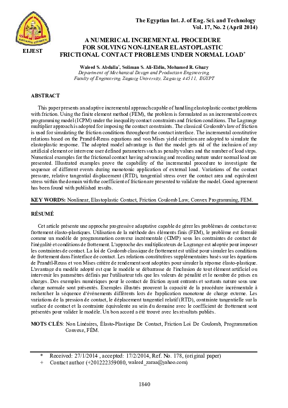 Pdf A Numerical Incremental Procedure For Solving Non Linear