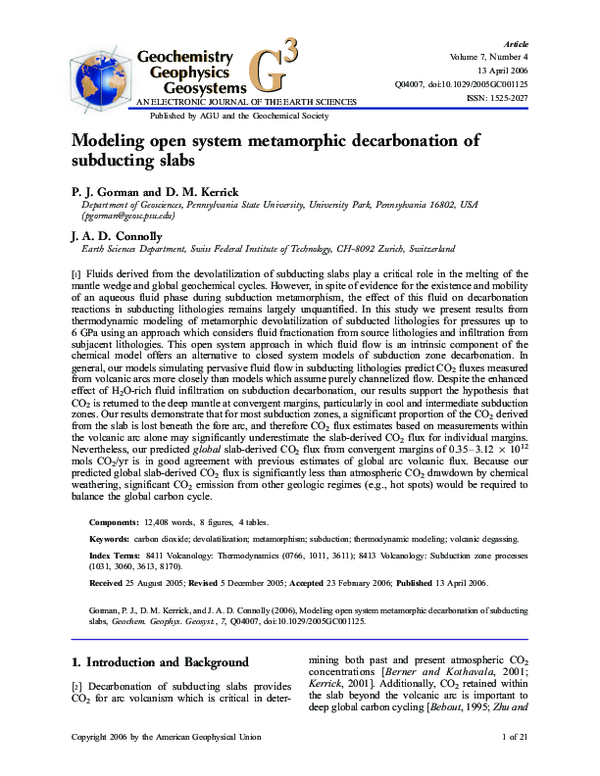 (PDF) Modeling open system metamorphic decarbonation of subducting slabs