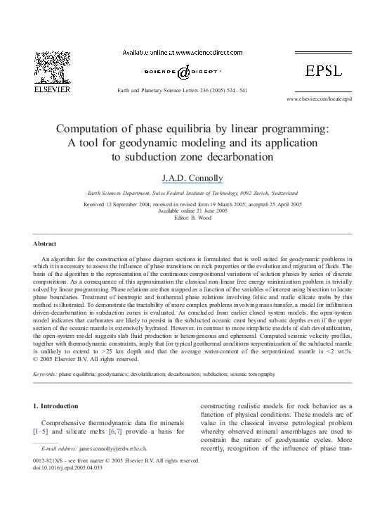 Pdf Computation Of Phase Equilibria By Linear Programming A Tool For Geodynamic Modeling And