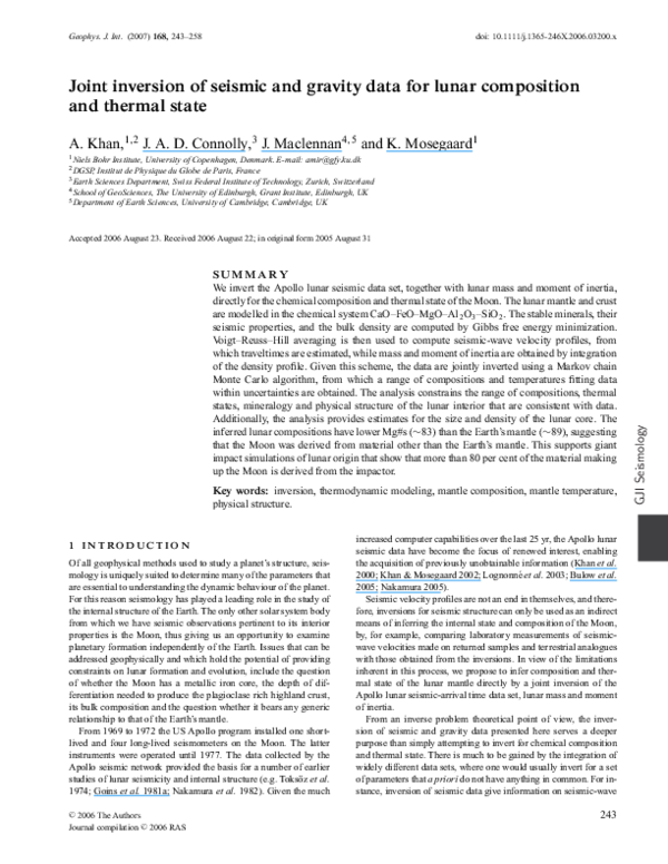 (PDF) Joint inversion of seismic and gravity data for lunar composition and thermal state