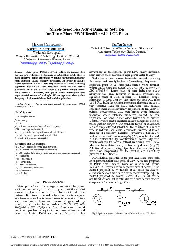 Pdf Simple Sensorless Active Damping Solution For Three Phase Pwm Rectifier With Lcl Filter