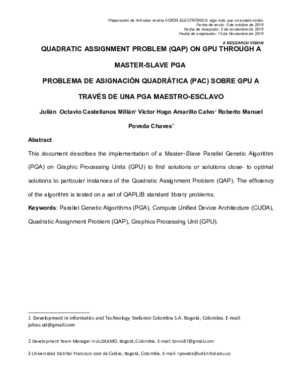 Pdf 11 Quadratic Assignment Problem Qap On Gpu Through A Master Slave Pgapdf Visión 1490