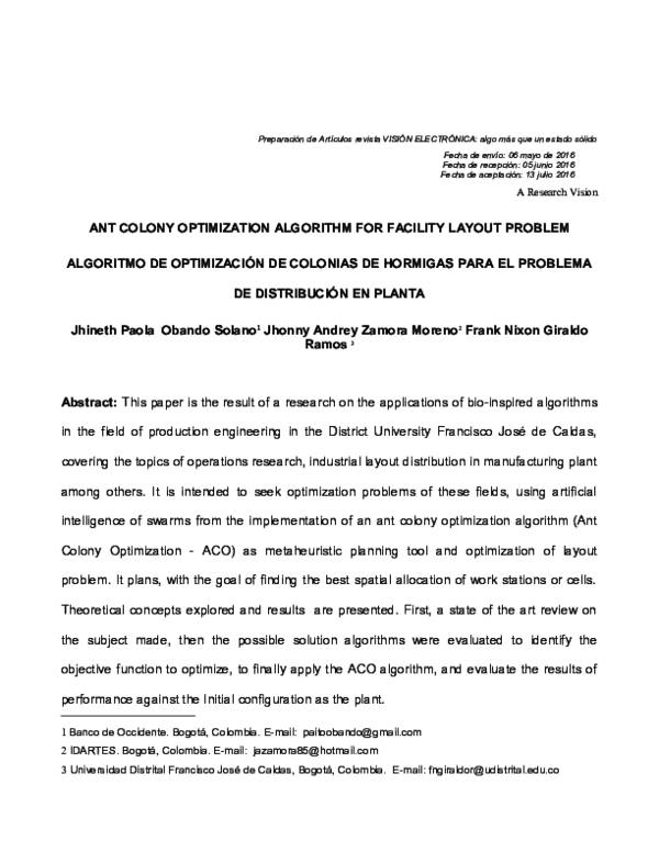 (PDF) ANT COLONY OPTIMIZATION ALGORITHM FOR FACILITY LAYOUT PROBLEM ALGORITMO DE OPTIMIZACIÓN DE ...