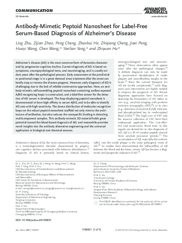 (PDF) Peptoid Nanosheet for Early Alzheimer's Diagnosis