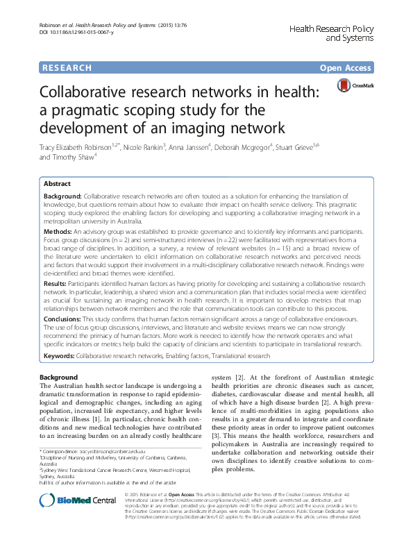 (PDF) Collaborative research networks in health: a pragmatic scoping ...