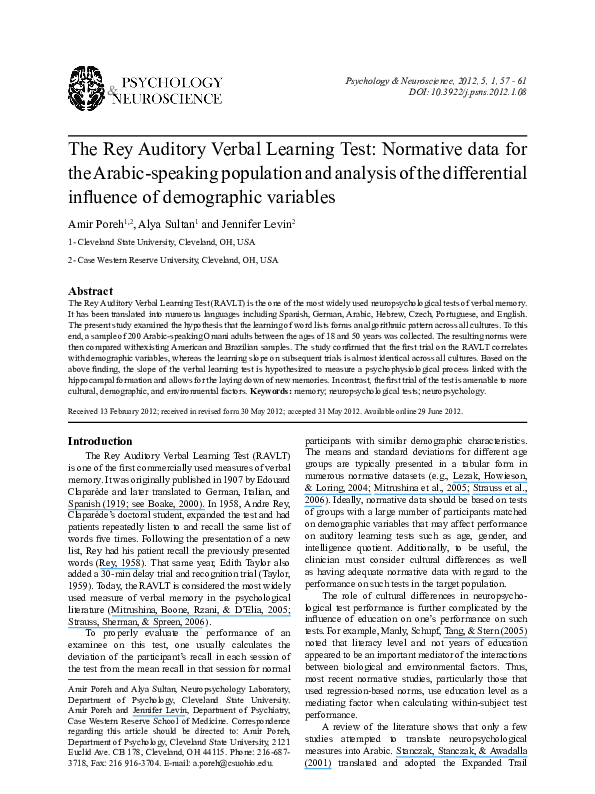 (PDF) The Rey Auditory Verbal Learning Test: Normative data for the ...