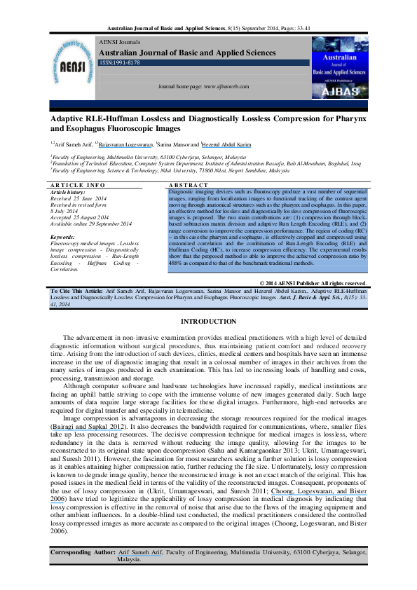 (PDF) Adaptive RLE-Huffman Lossless and Diagnostically Lossless ...