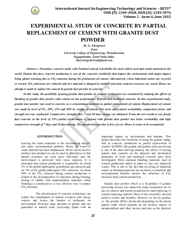 (PDF) EXPERIMENTAL STUDY OF CONCRETE BY PARTIAL REPLACEMENT OF CEMENT WITH GRANITE DUST POWDER