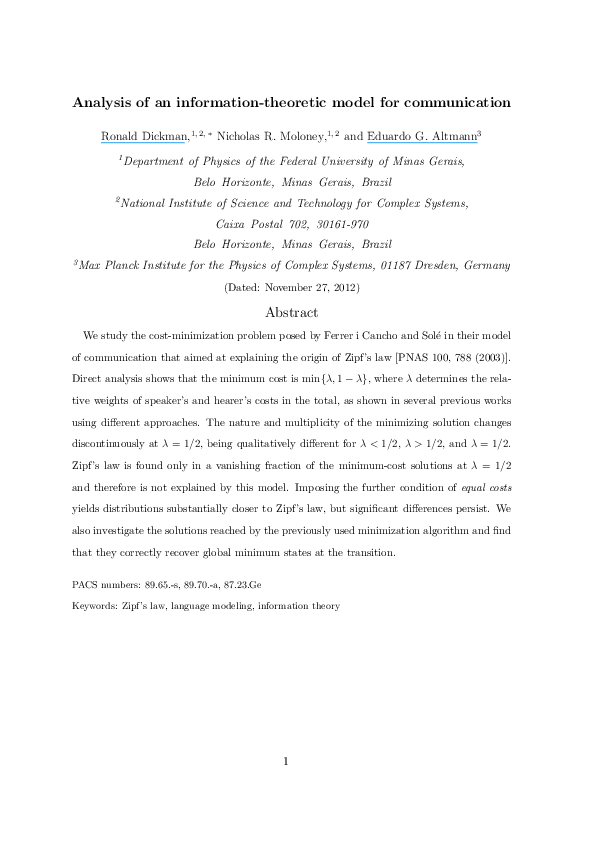 Pdf Analysis Of An Information Theoretic Model For Communication