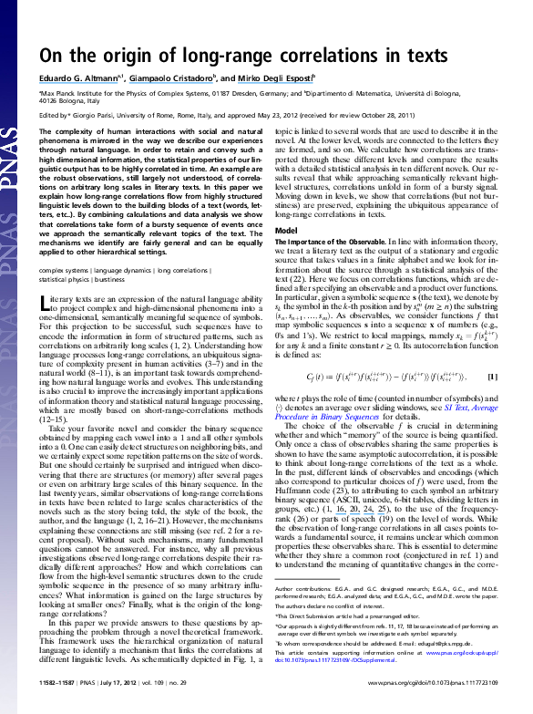 (PDF) On the origin of long-range correlations in texts