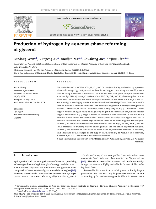 (PDF) Production of hydrogen by aqueous-phase reforming of glycerol