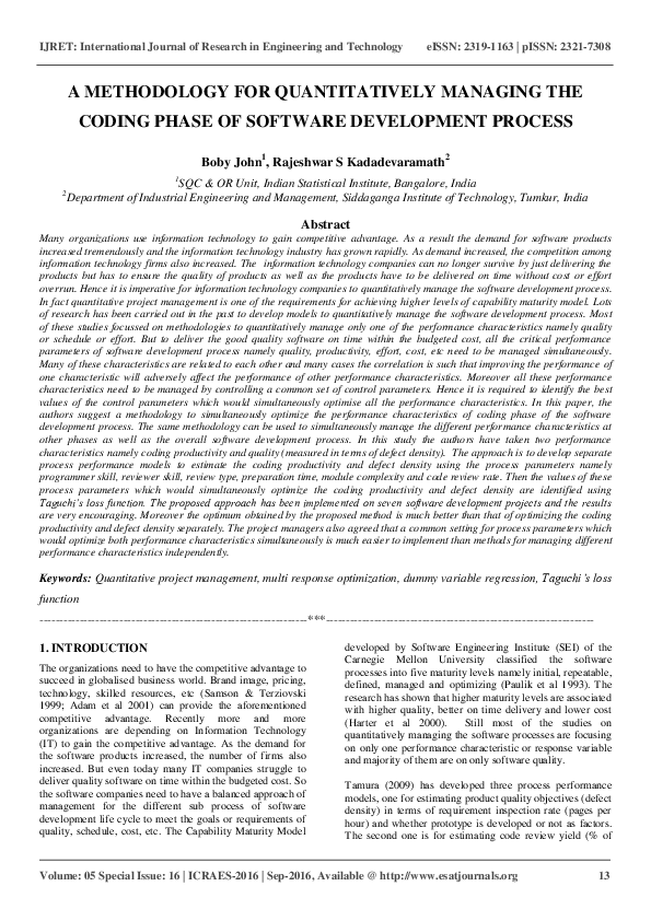 (PDF) A METHODOLOGY FOR QUANTITATIVELY MANAGING THE CODING PHASE OF ...