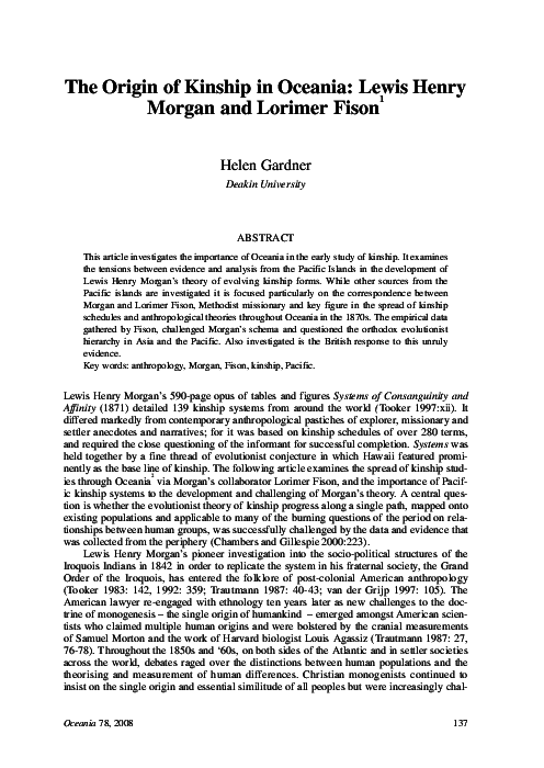 (PDF) The Origin of Kinship in Oceania: Lewis Henry Morgan and Lorimer Fison