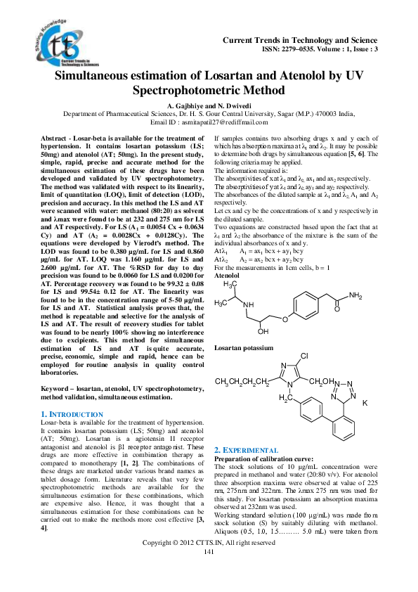 Pdf Current Trends In Technology And Science Simultaneous Estimation Of Losartan And Atenolol