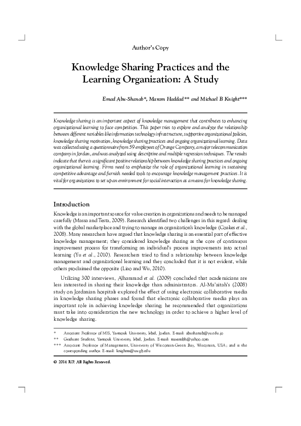 (PDF) Knowledge Sharing Practices and the Learning Organization: A Study