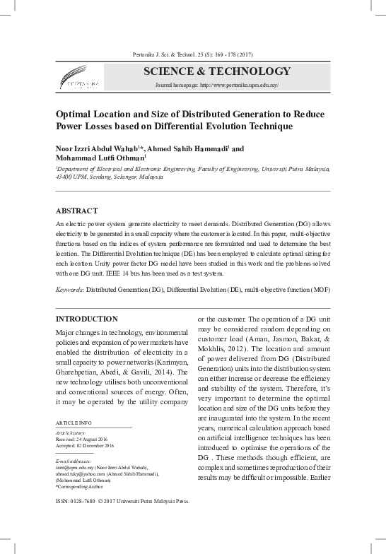 (PDF) SCIENCE & TECHNOLOGY Optimal Location and Size of Distributed Generation to Reduce Power ...