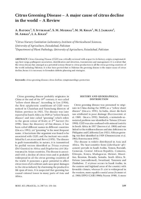 (PDF) Citrus Greening Disease A major cause of citrus decline in the ...